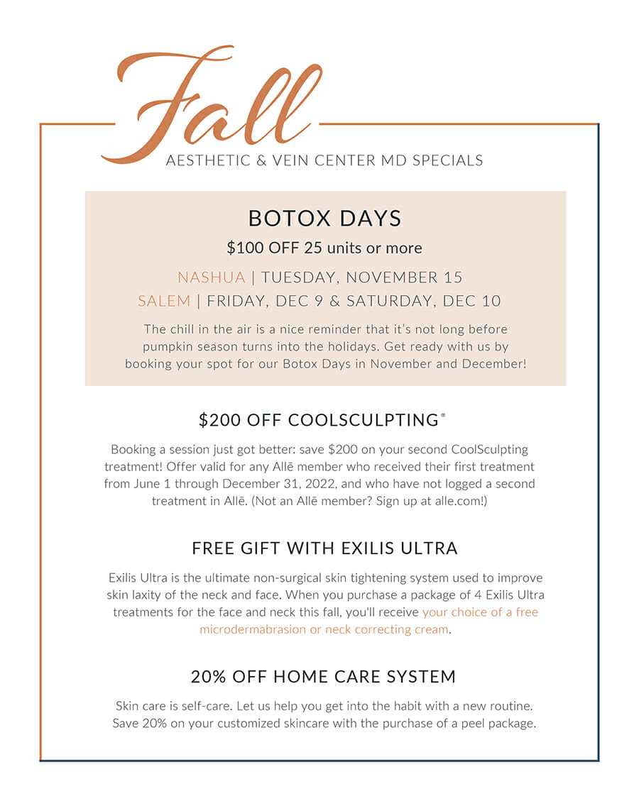 Botox Day Discounts, 50% off CoolSculpting, 25% off Exilis Ultra*